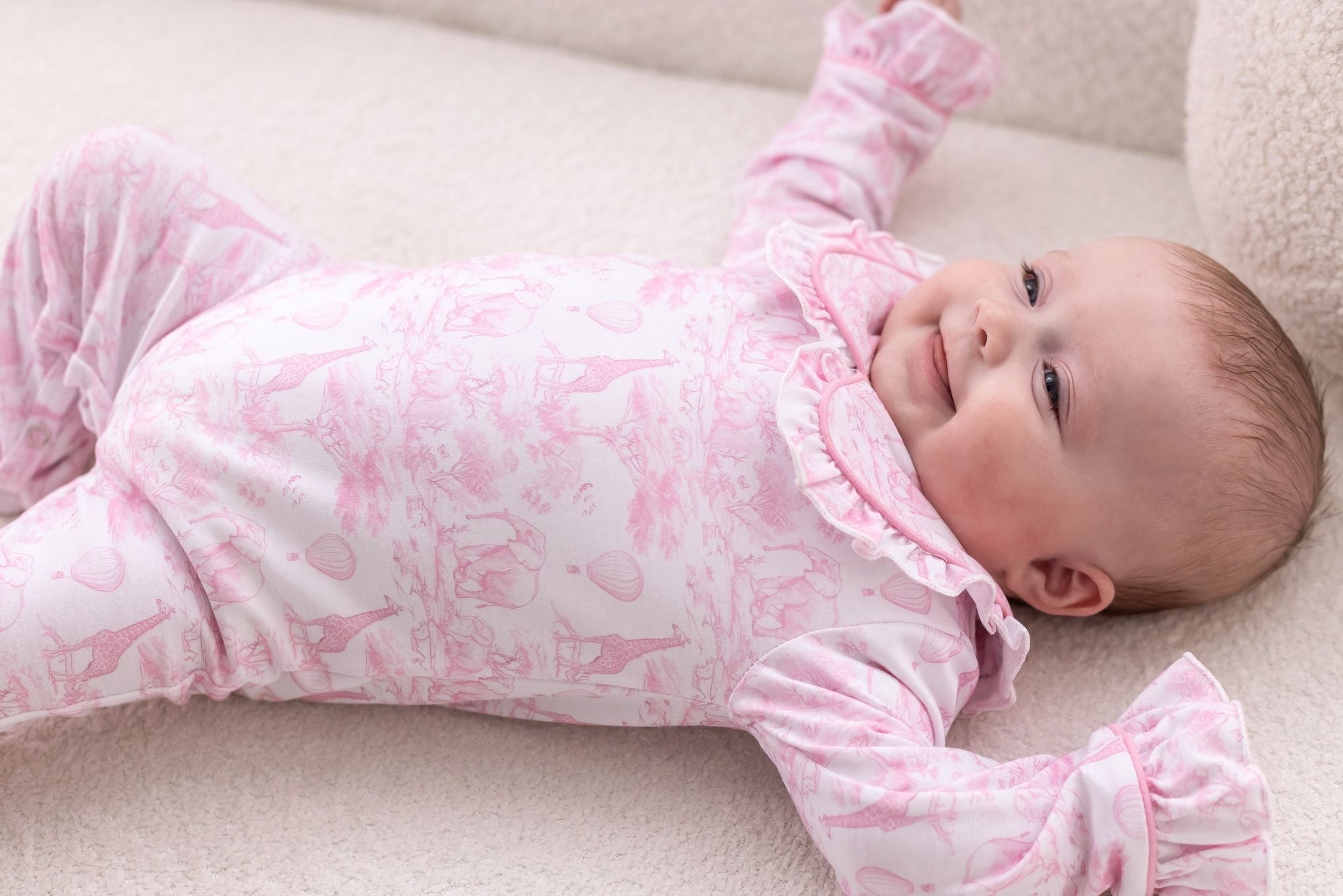 PRE-ORDER Baby Girl's Pink Safari Toile Frill Collared Sleepsuit ...